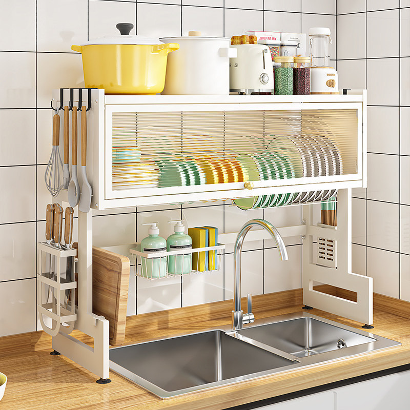 Kitchen Sink Dish Cabinet Rack Dustproof Double Layer Bowl Plate ...