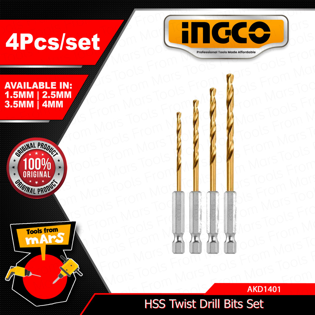 INGCO 4pcs HSS Twist Drill Bits Set, 1/4" Hex Titanium Coated for Metal ...