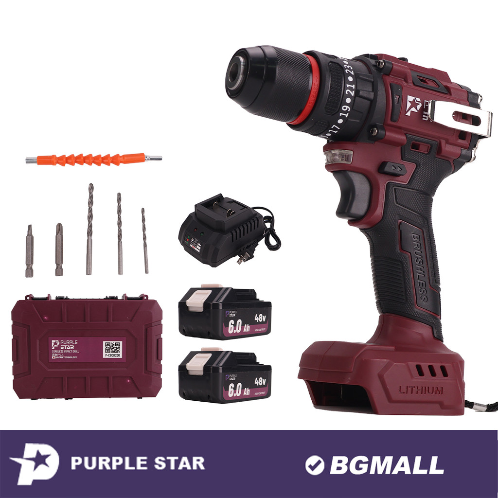 PURPLE STAR 48V 10MM Cordless Brushless Impact Drill Driver with Two ...