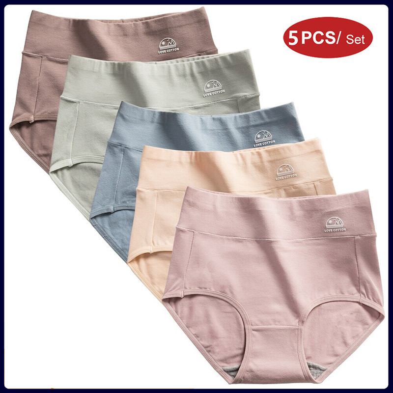 3/5pcsWomen Cotton Panties Female Medium Waist Tummy Control Elastic Design Elastic Ladies ...