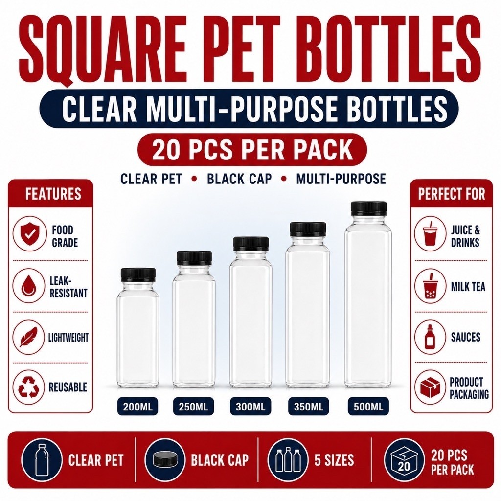 10 Pcs Square PET Plastic Bottles with Black Cap | Empty Refillable ...