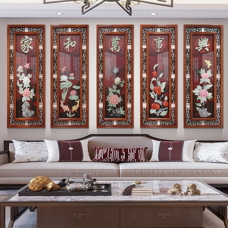 ⭐ New Chinese-style living room faux jade carved painting sofa ...