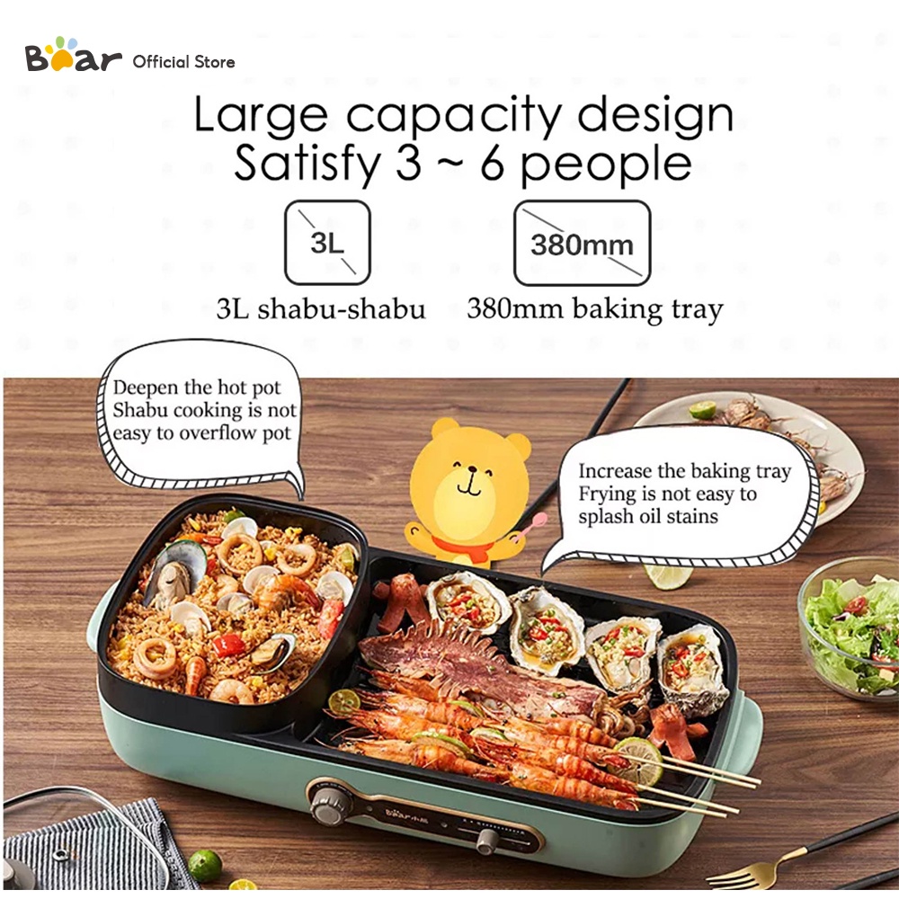 GAABOR x BEAR 2 in 1 Multi cooker with BBQ Grill 3L Shabu-Shabu 380mm ...