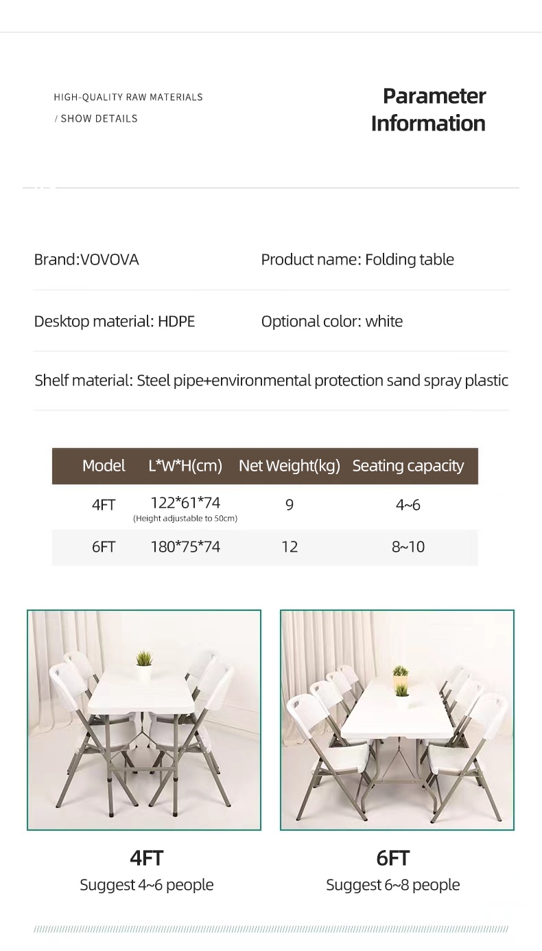 VOVOVA Heavy Duty Folding table 4ft 6ft White/brown Outdoor Dining ...