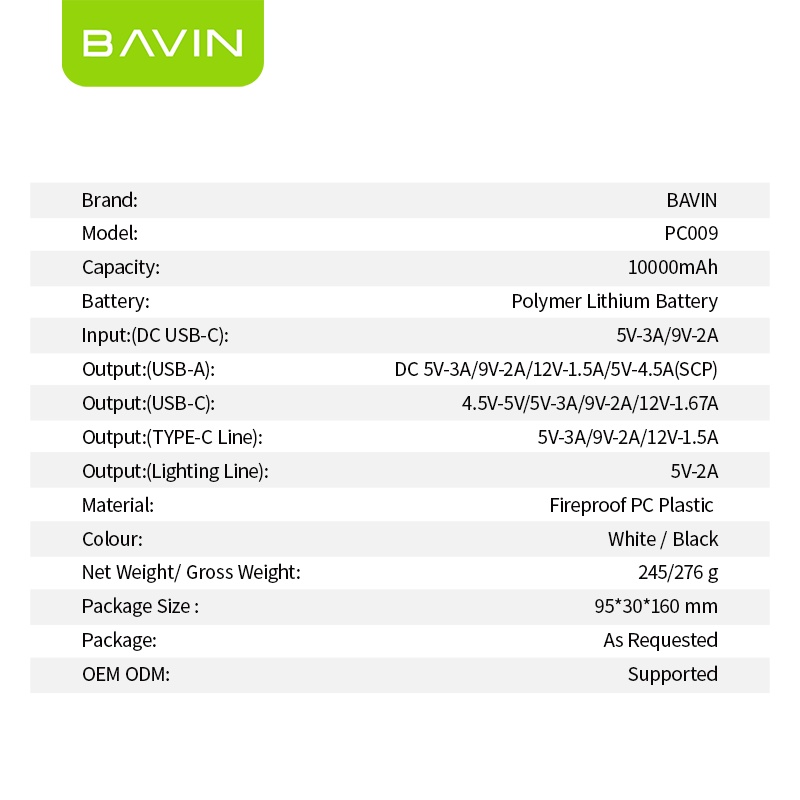 BAVIN PC009 / PC1023 10000-20000mAh 22.5W Fast Charging Powerbank Long ...