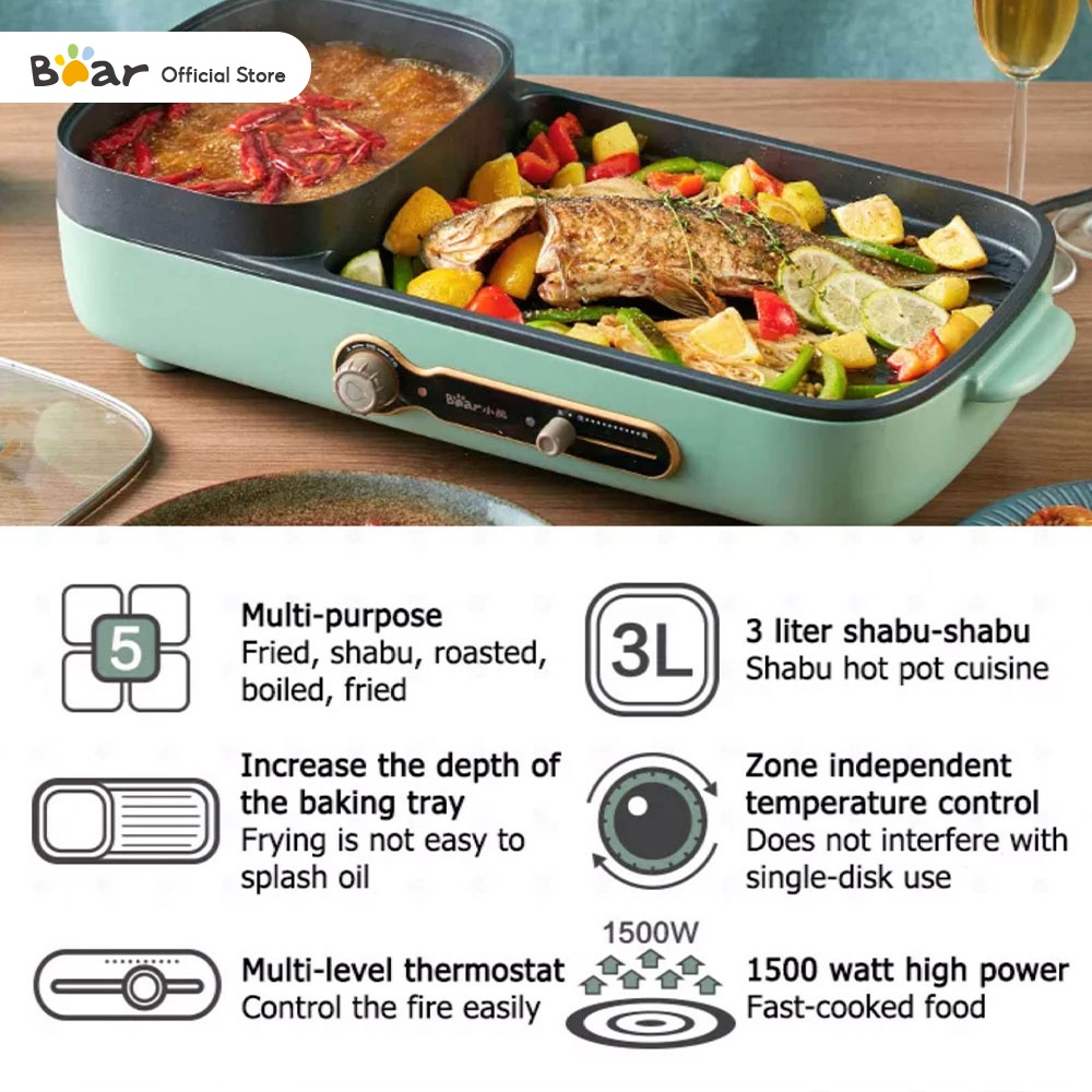 GAABOR x BEAR 2 in 1 Multi cooker with BBQ Grill 3L Shabu-Shabu 380mm ...