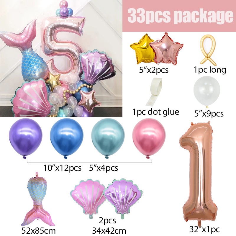 Mermaid Balloon Column Baby Girl Birthday Party Balloons Set Kids Party ...