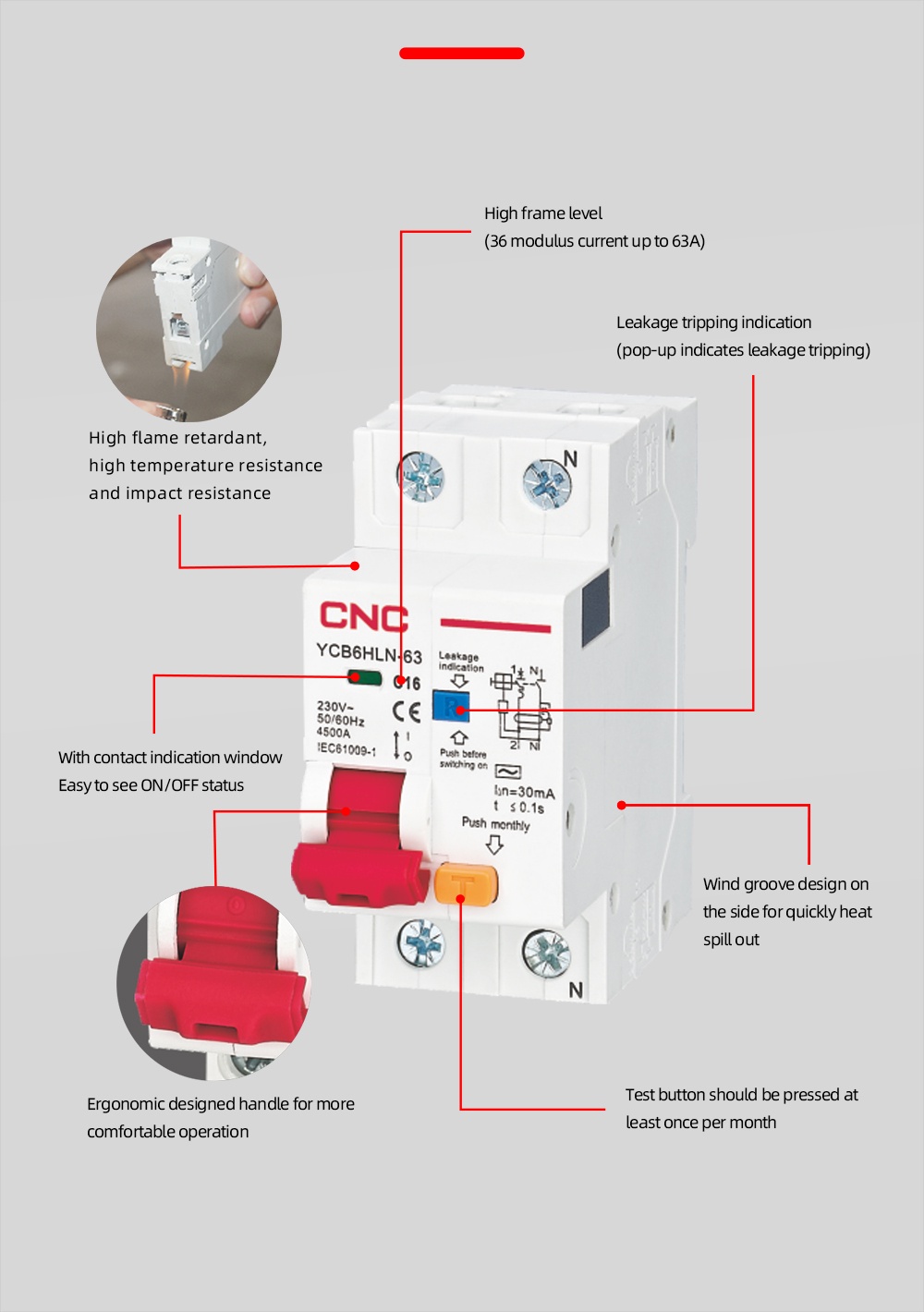 CNC 230V 50/60 HZ RCBO 6/10/16/20/25/32/40/50/63A MCB 30mA Residual ...