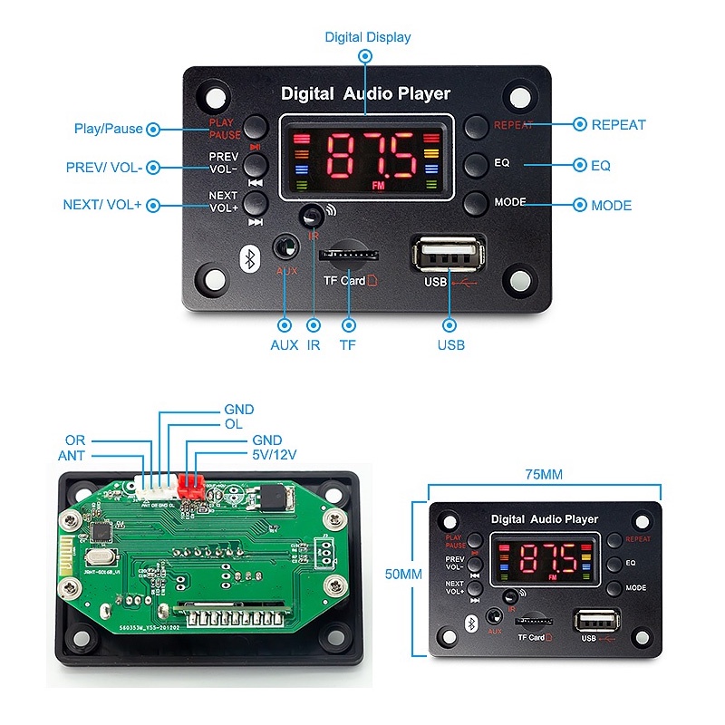 5.0 Bluetooth MP3 Decoder Board 12V Lossless Car Audio Amplifier ...