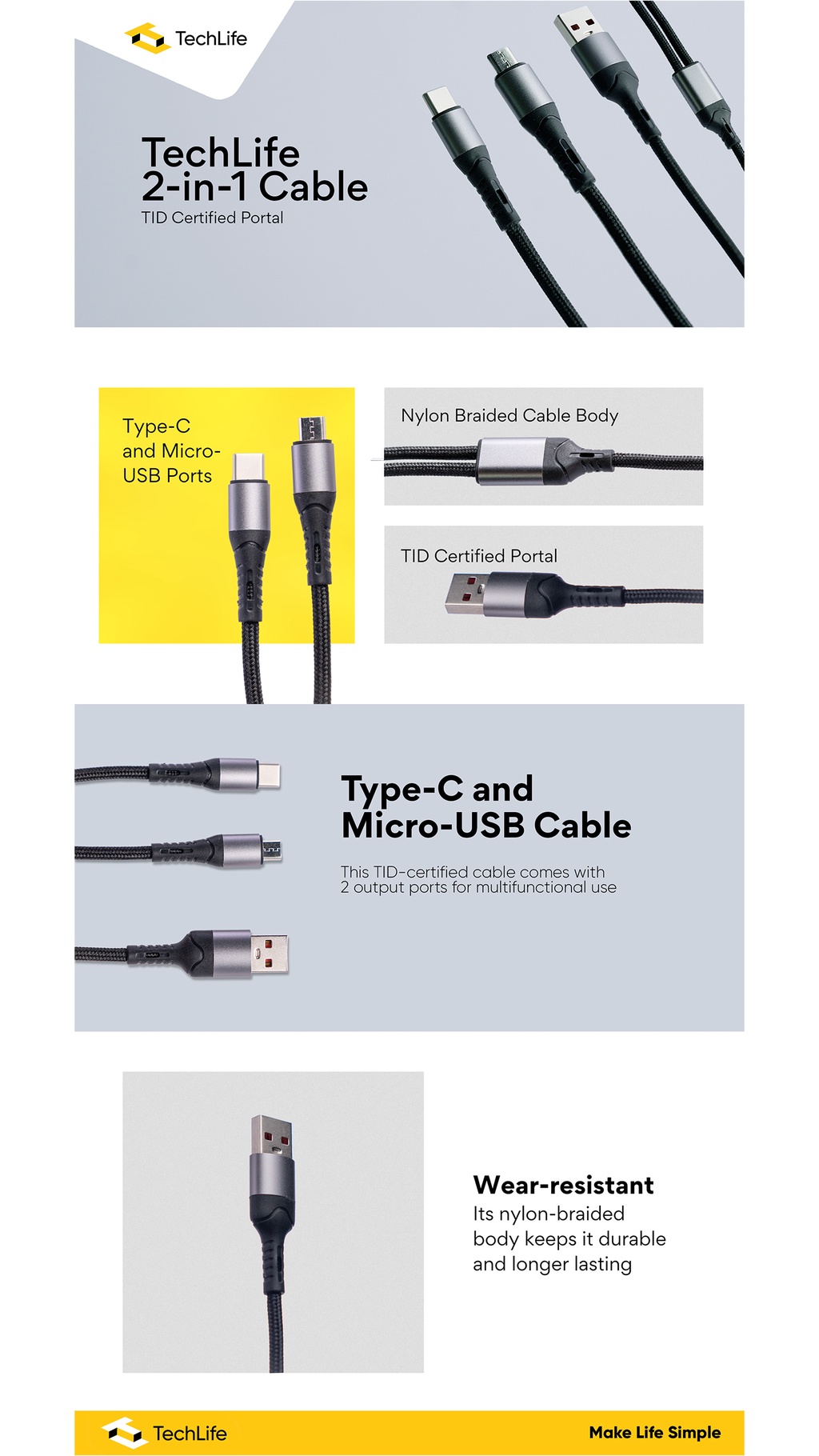 TechLife 2-IN-1 Cable | TID Certified Portal | Nylon Braided Cable Body ...