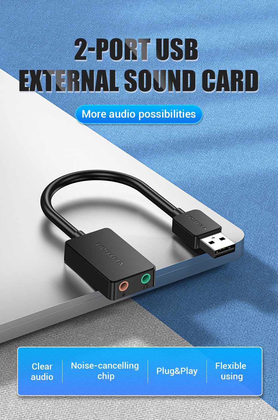 Vention USB Sound Card Headphone Dual Port External Microphone 48K ...