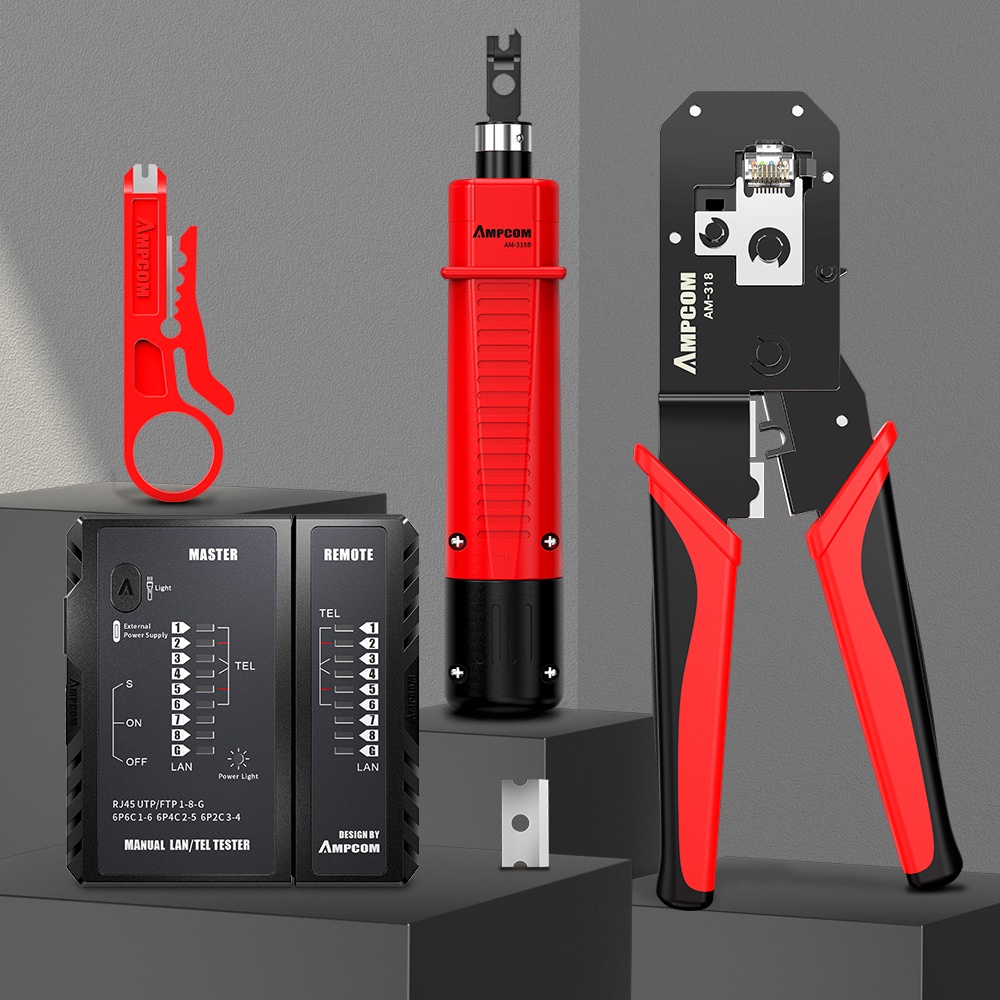 AMPCOM RJ45 Crimper Lan Tester Tool Set Ethernet Cable Stripper Punch ...