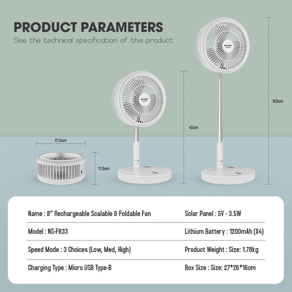 NSS SOLAR FAN Rechargeable Solar Electric Fan with LED light Solar ...