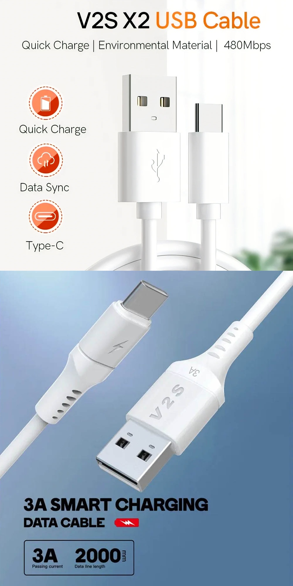 V2S X2 Smart Charging Data Cable 3A Super-fast Charge | Shopee Philippines