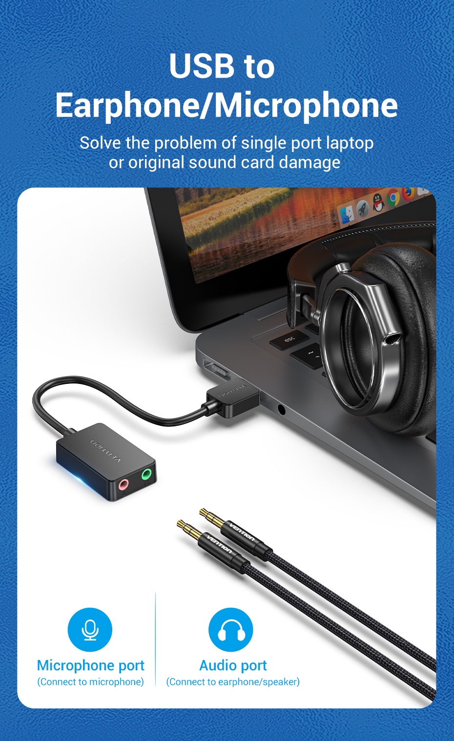 Vention USB Sound Card Headphone Dual Port External Microphone 48K ...