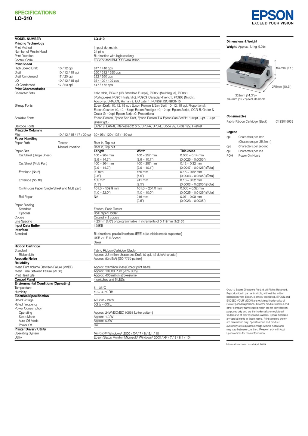 Epson LQ-310 Single Function Dot Matrix Printer w/ 24-Pin Narrow ...