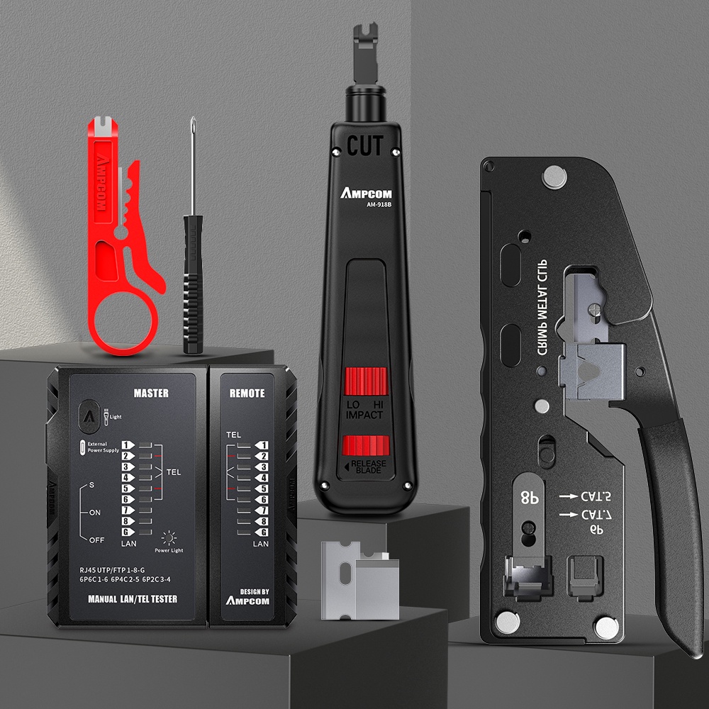 AMPCOM RJ45 Crimper Lan Tester Tool Set Ethernet Cable Stripper Punch ...