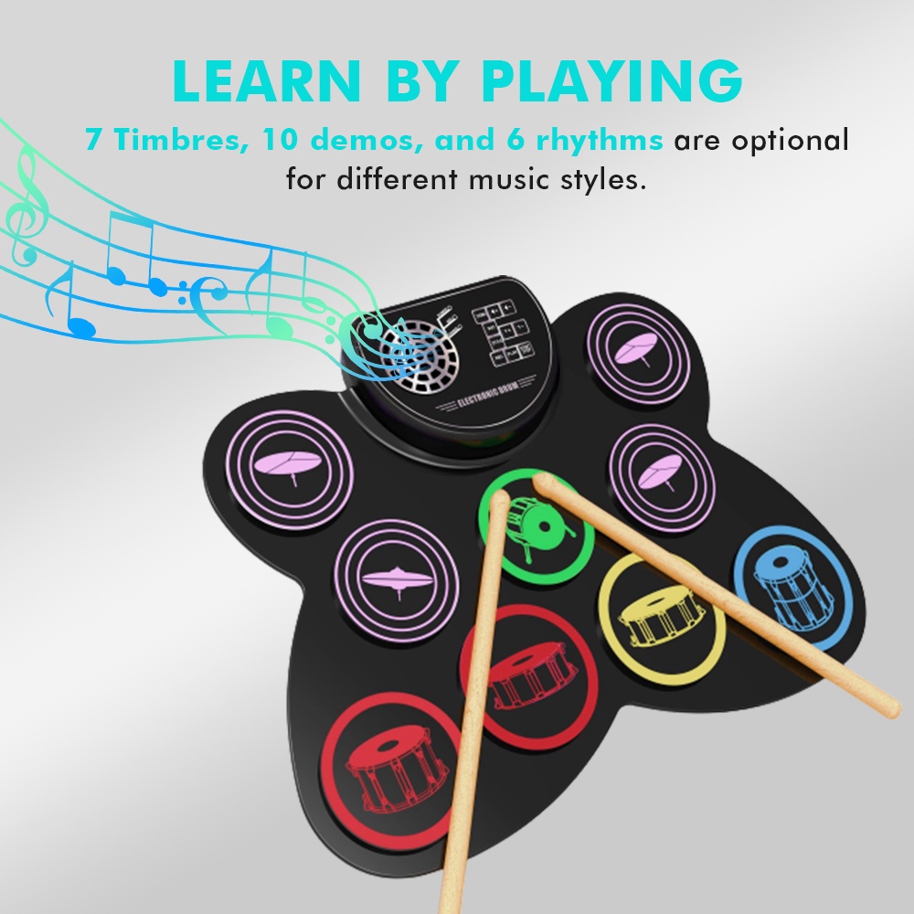 RIXTON 9 Pads Electronic Drum Set Roll-Up Silicone Digital Built-In ...