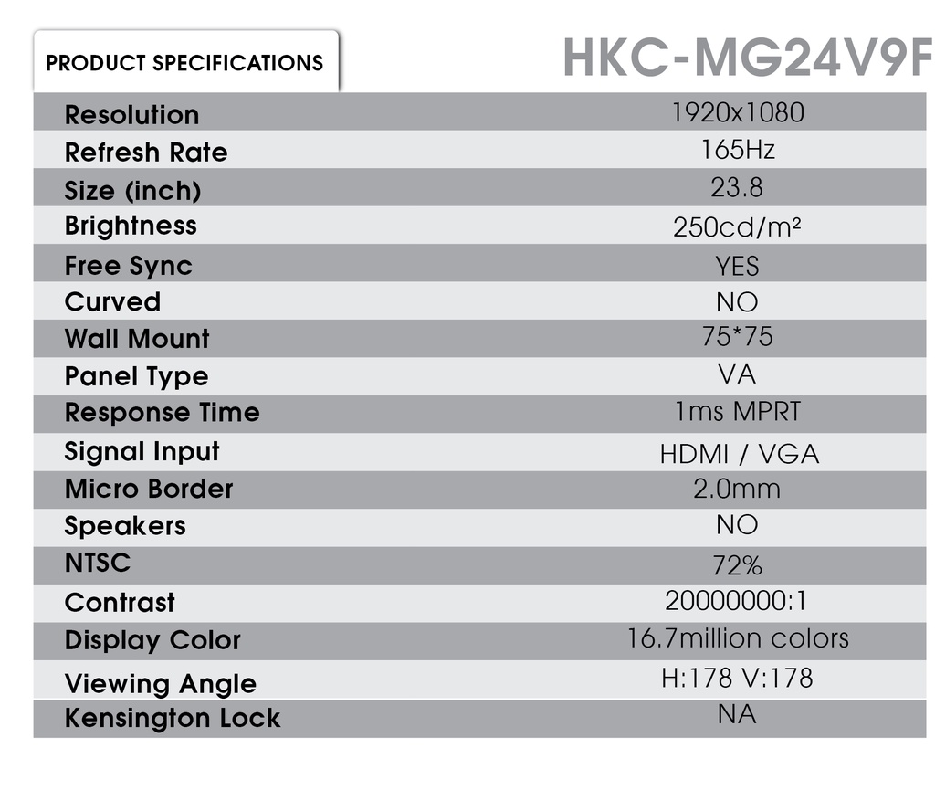 HKC MG24V9F 24" 1080p 165Hz LCD Monitor w/ 1ms Response, 2mm Border VA ...