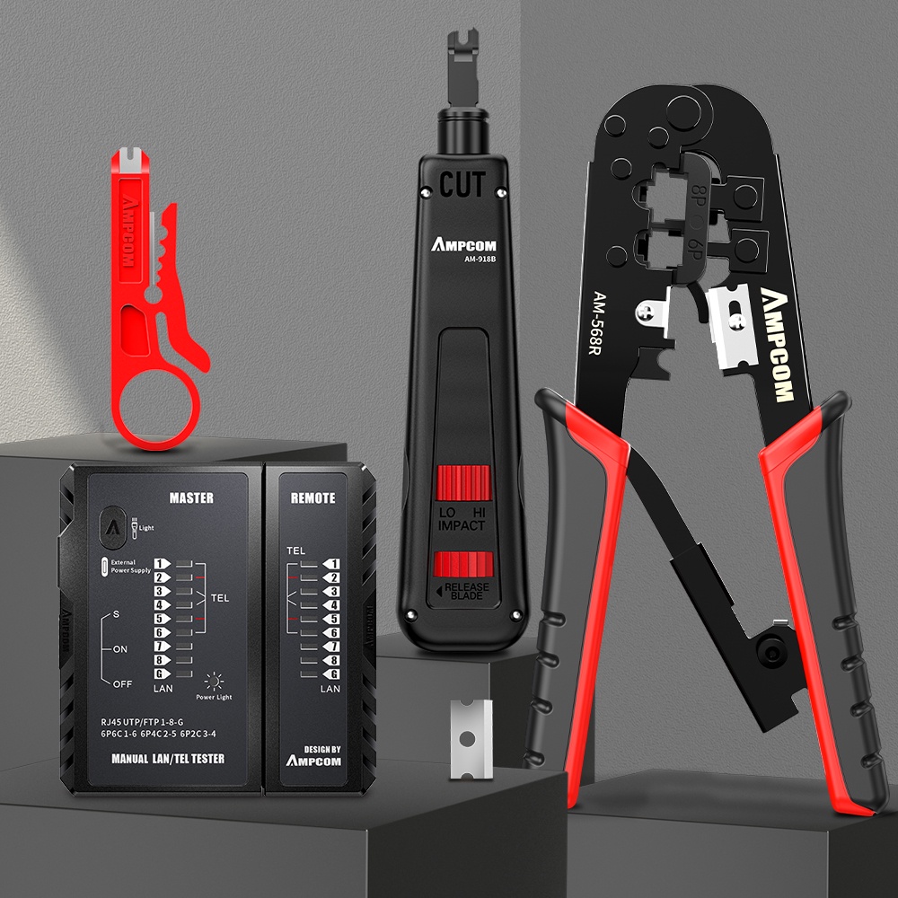 AMPCOM RJ45 Crimper Lan Tester Tool Set Ethernet Cable Stripper Punch ...