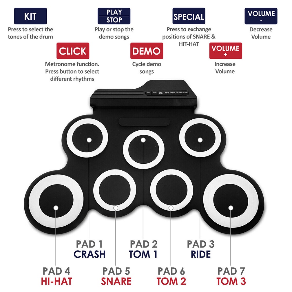 RIXTON Portable Electronic Drum Digital Roll-up Digital Drum Set Silicone Electric Drum Pad Kit ...