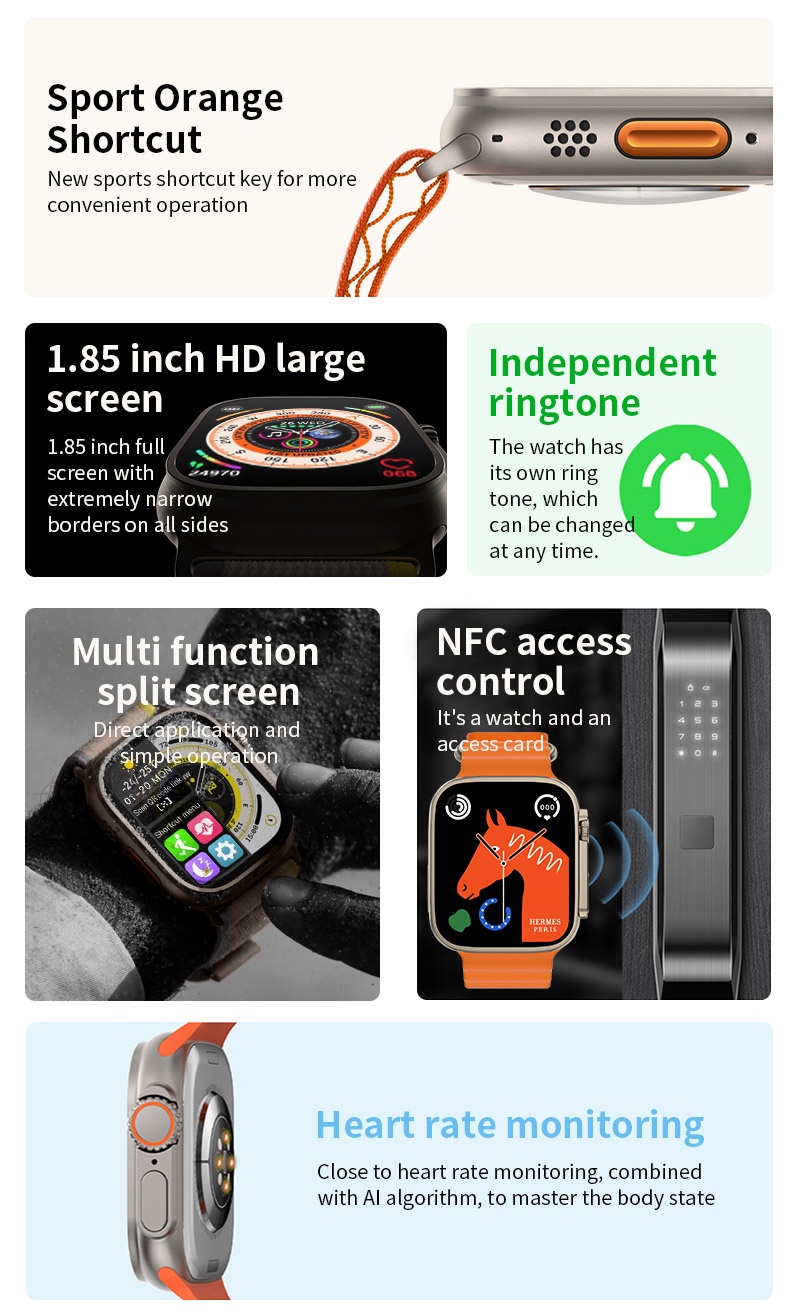 2023 New Watch8 Ultra Smart Watch BT Call Support Heart Rate Blood ...