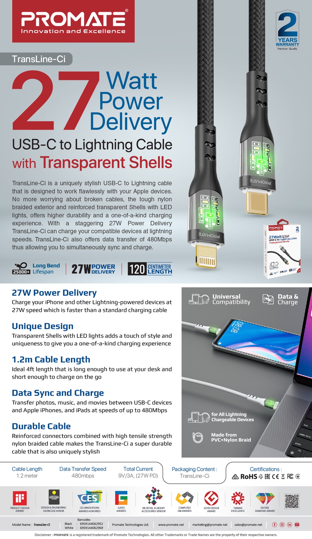 Promate TransLine-Ci 27W Power Delivery USB-C to Lightning Cable with Transparent Shells ...