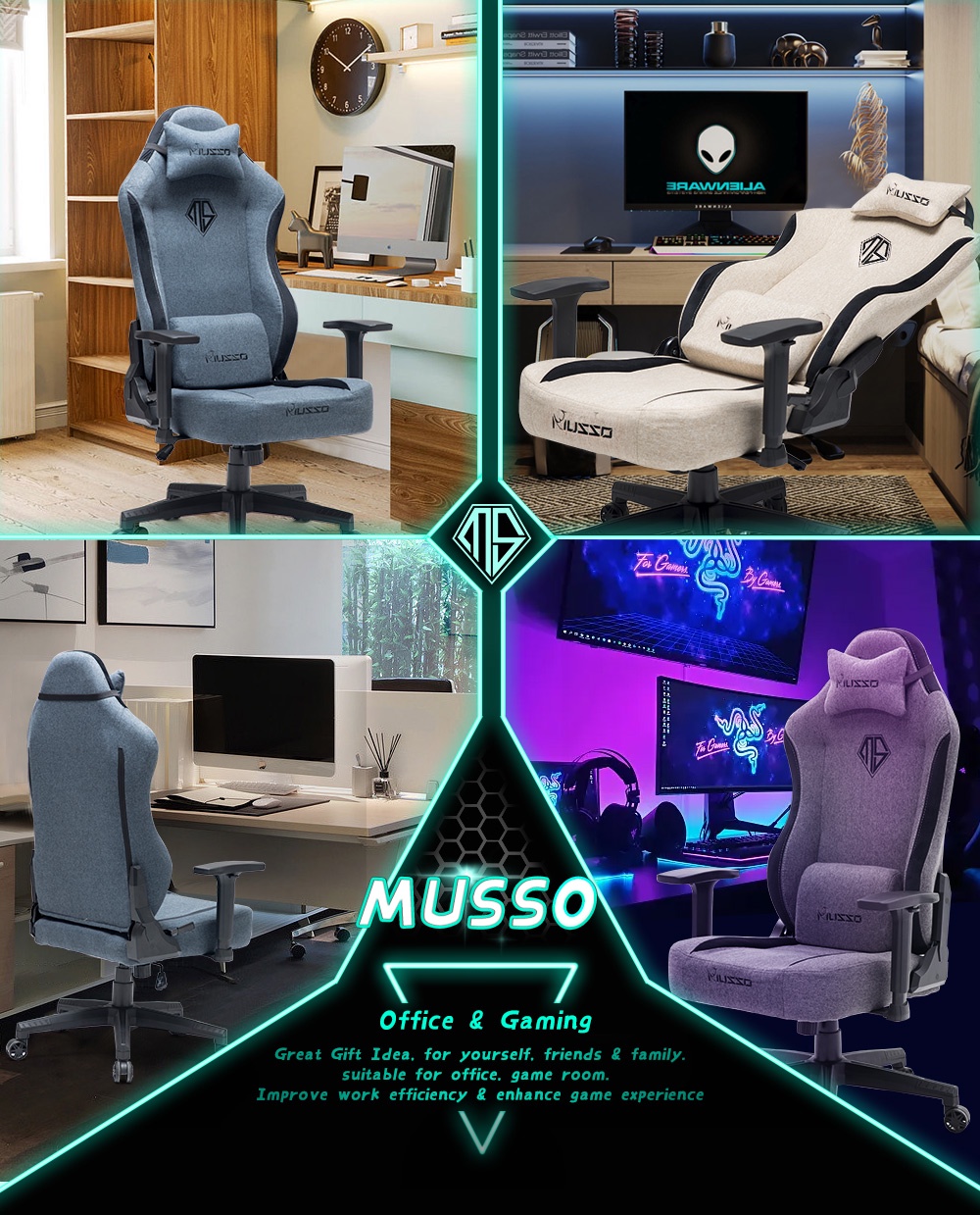 MUSSO 199A Gaming Chair Extra Large Size High-Back Fabric Office Chair ...