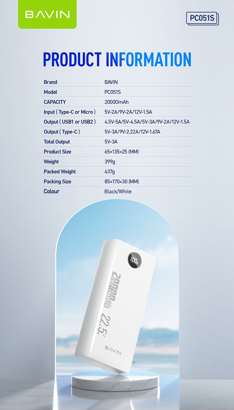 BAVIN PC051 20000mAh 22.5W Fast Charging Power Bank Digital Display 22.5 Watts Suitable for iPh ...