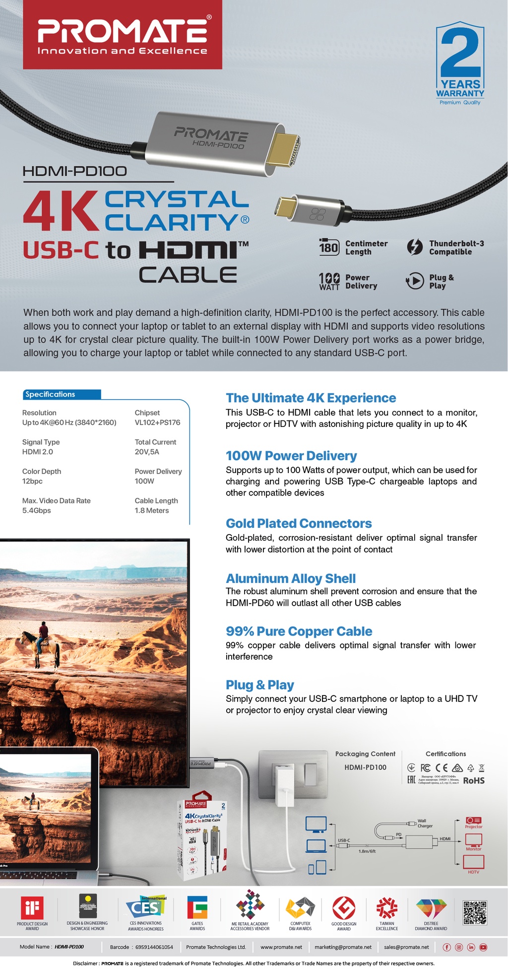 Promate HDMI-PD100 4K CrystalClarity USB-C to HDMI Cable | Shopee ...