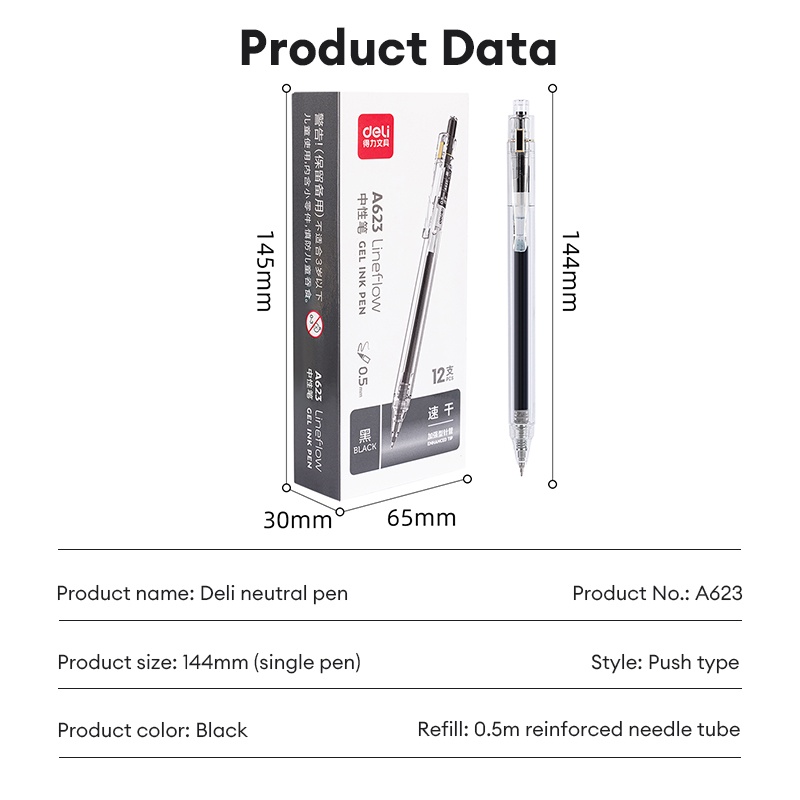Deli 0.5mm Press Gel Pen Large Capacity Black Ink Ballpen Fast-dry ...