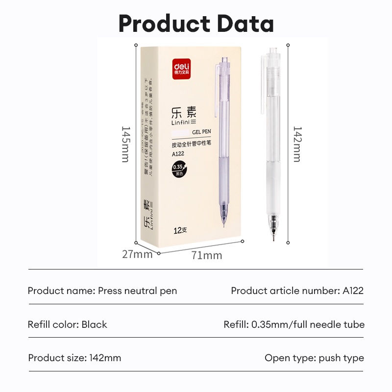 Deli A122 Press Gel Pen 0.35mm Black Student Writing Pens Stationery ...