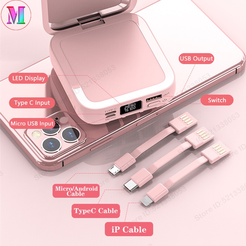 Powerbank 20000mah Built in Cable Mini Portable Power Bank TypeC with Makeup Mirror 100% ...