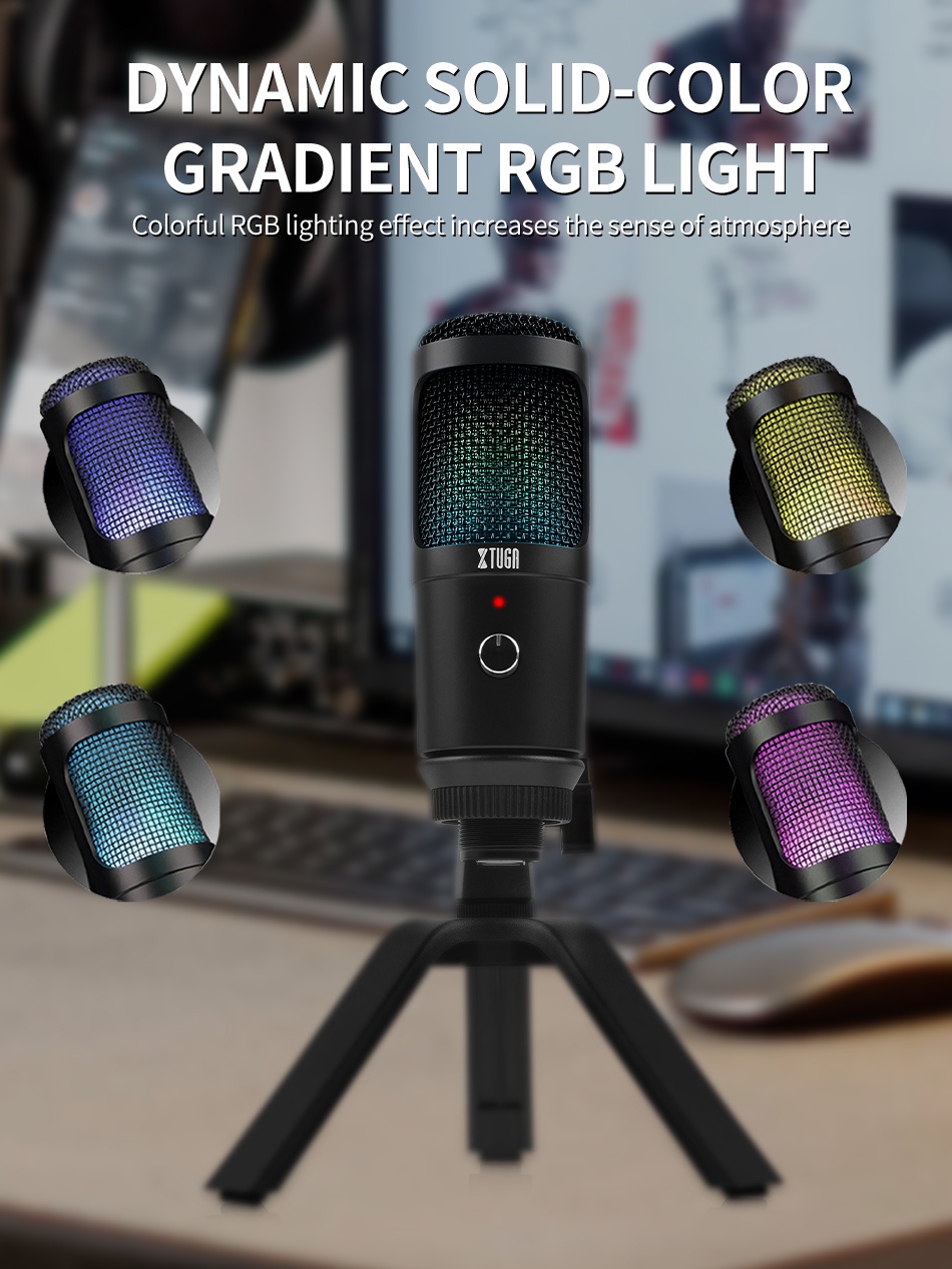 XTUGA RGB Condenser Microphone A10 USB PC Recording Microphone with RGB Indicator, Gain Control ...