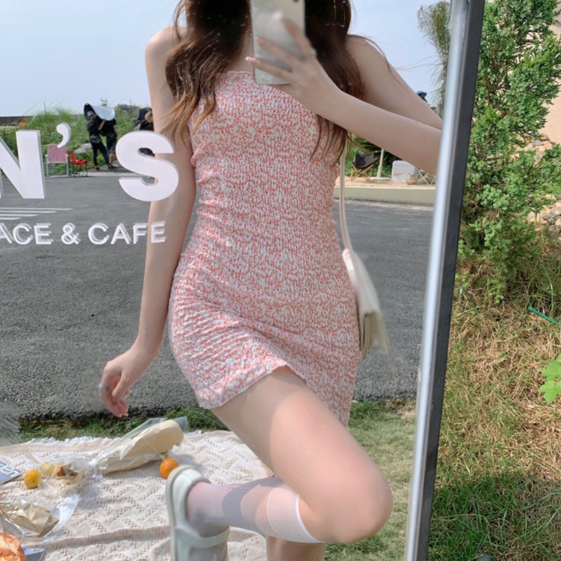 Women's sexy tube top dress floral chiffon waist bag hip summer dress ...