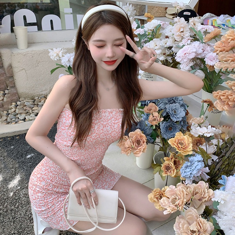 Women's sexy tube top dress floral chiffon waist bag hip summer dress ...