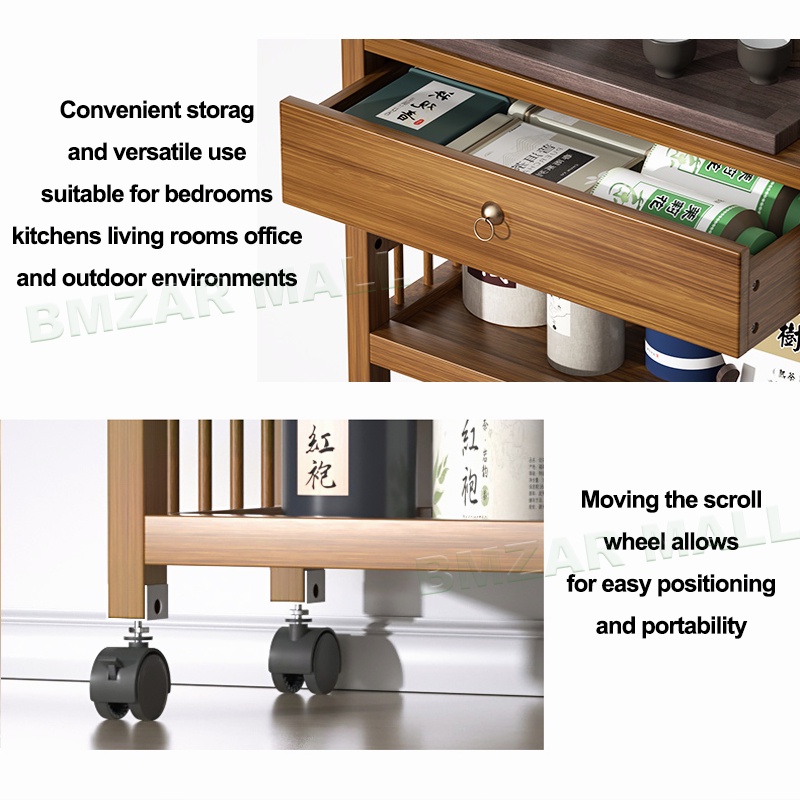 SUNNY BIERE Trolley Cart Bamboo 3Layers 35/50/66CM Moveable Wood Rack ...