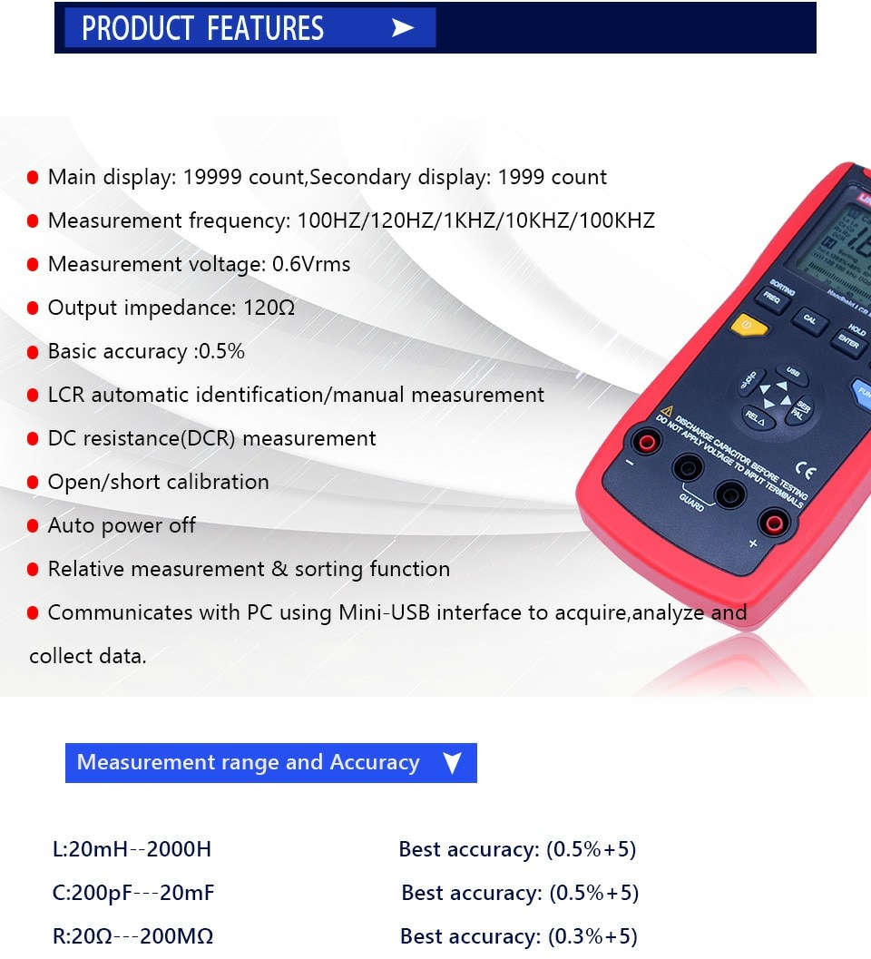 UNIT UT611 UT612 Capacitance Meter LCR Meter 20000 Immersion Resistance ...