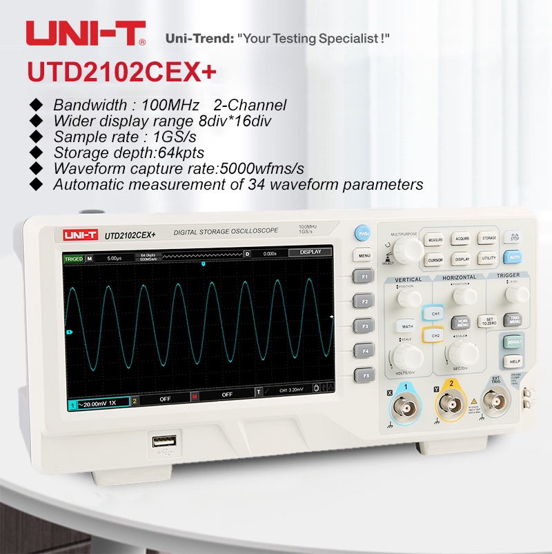 UNI-T UTD2102CEX+ Digital Storage Oscilloscope 100mHz 2 Channels Portable Automotive ...