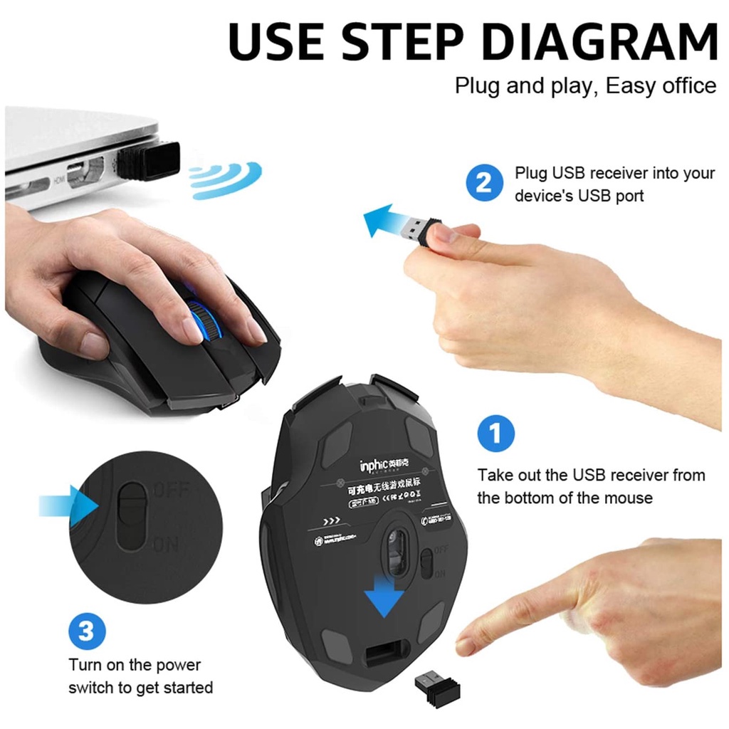 PM6 2.4G Wireless Mouse Rechargeable 500mAh Bluetooth Mouse Ergonomic ...