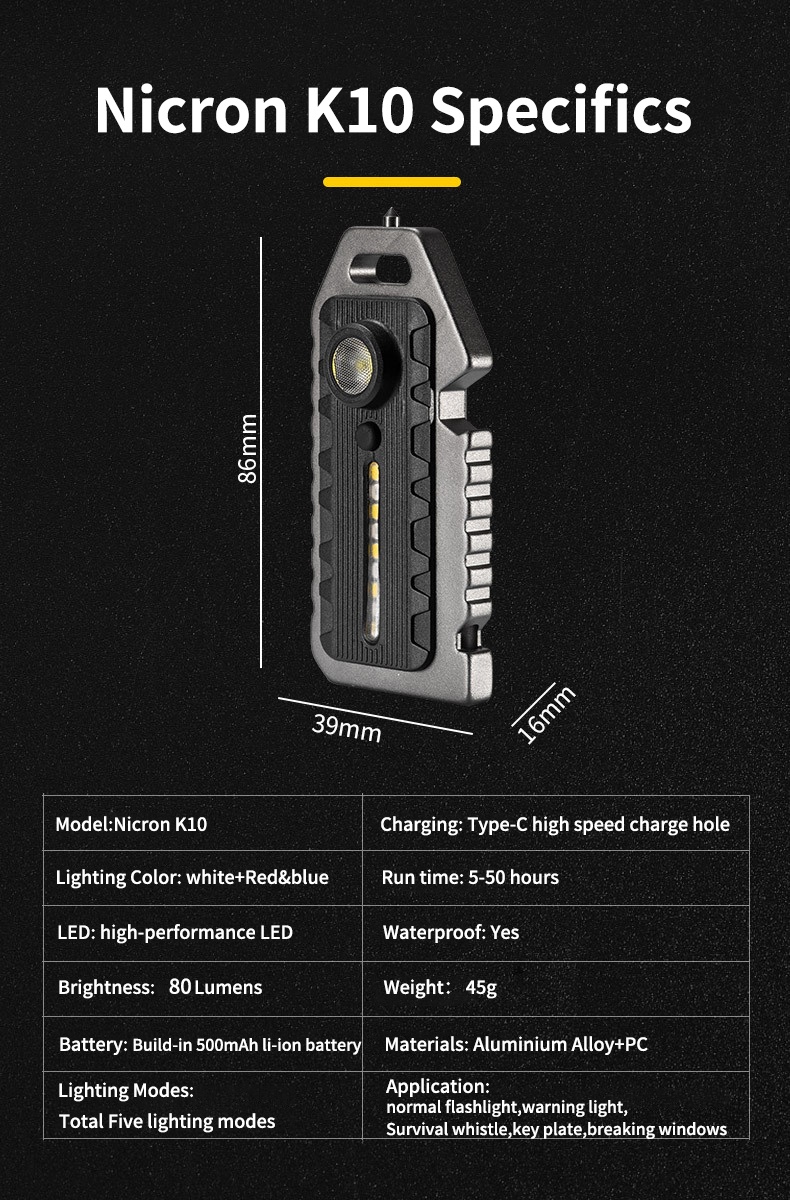Nicron Multi-function Keychain Flashlight K10, Mini EDC Rechargeable ...
