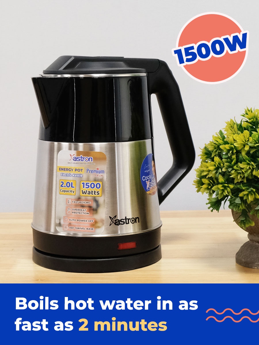 Astron ENERGYPOT Electric Kettle - Black | 2L | Fast Boil | 1500W ...