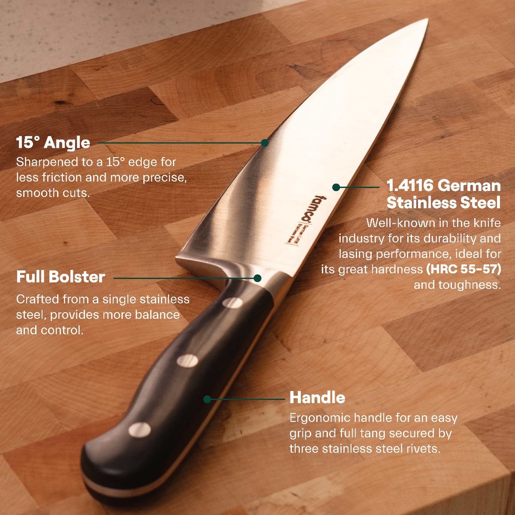 Famco 8" Chef Knife, German Stainless Steel 2.5mm HRC56, Ergonomic Handle, Multi-Purpose Sharp ...