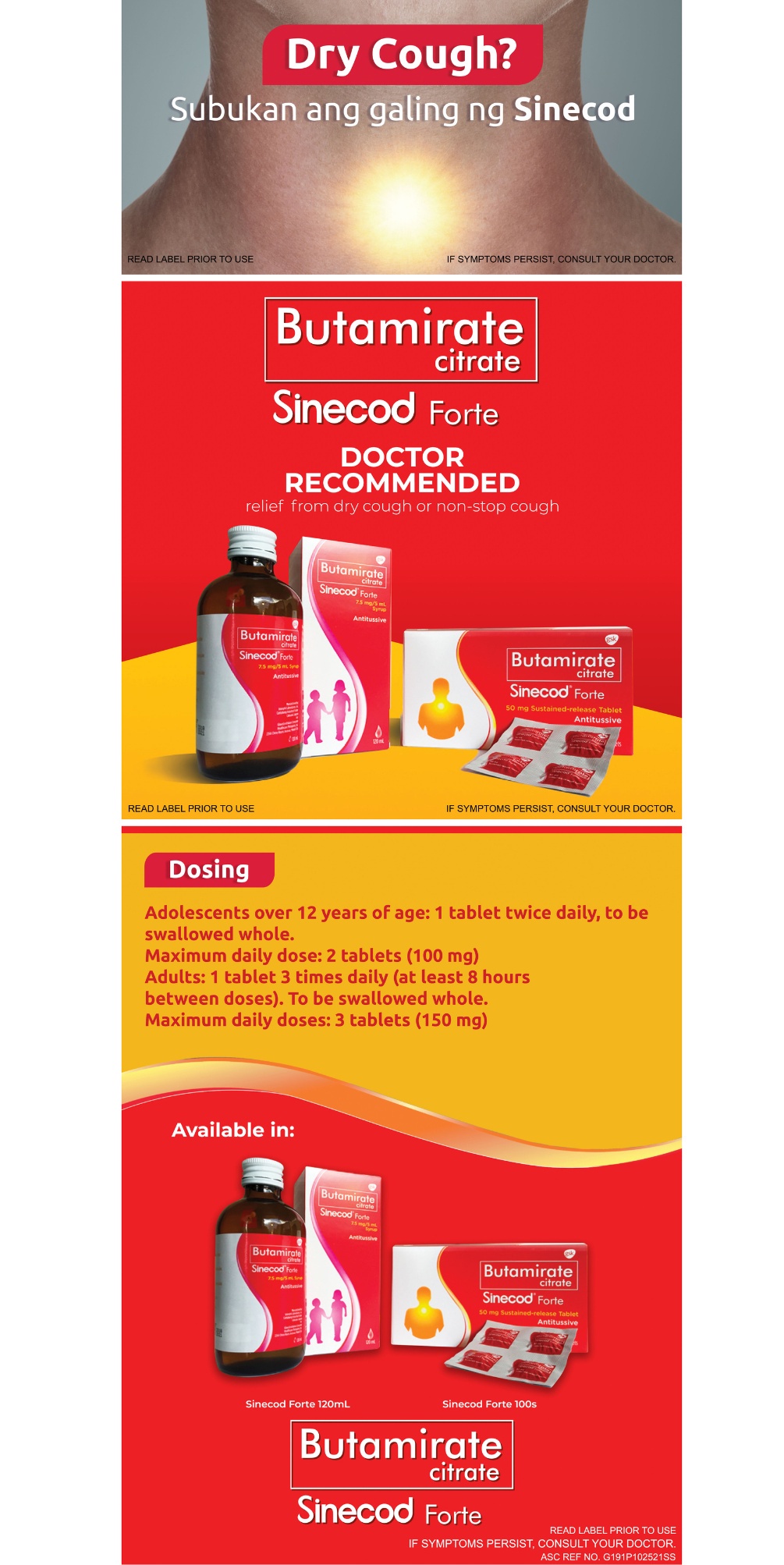 Sinecod Forte Syrup 120ml Butamirate Citrate Antitussive for Long ...
