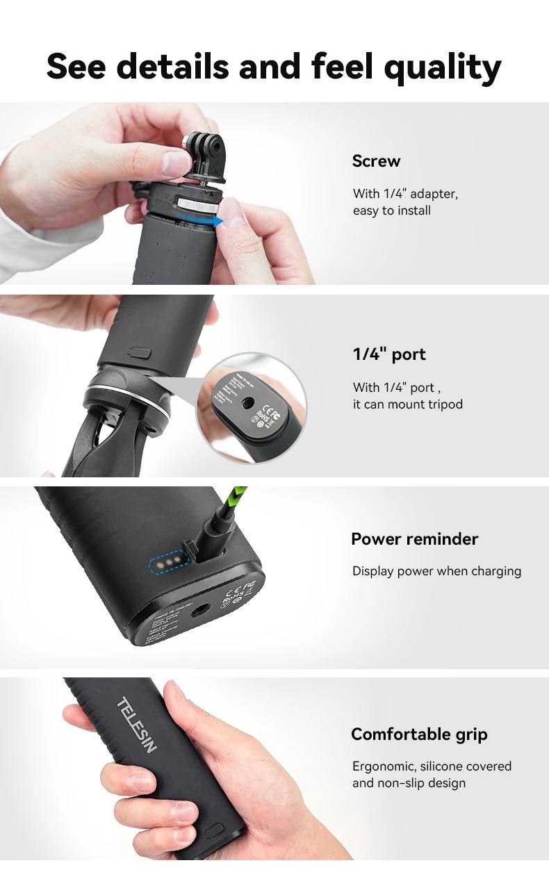 TELESIN 10,000mAh Rechargeable Selfie Stick with USB-C Charging Cable ...