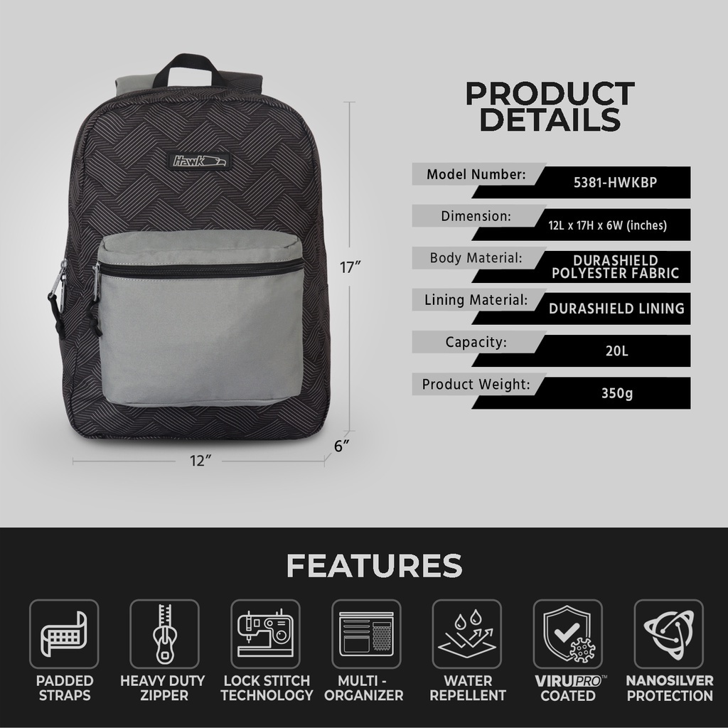 Hawk 5381 Backpack With Virupro Anti-Microbial Protection | Shopee ...