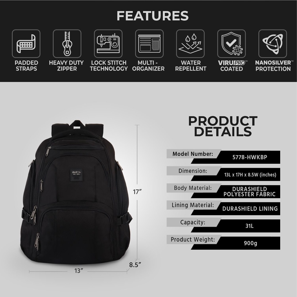 Hawk 5778 Corporate Backpack With Virupro Anti-Microbial Protection ...