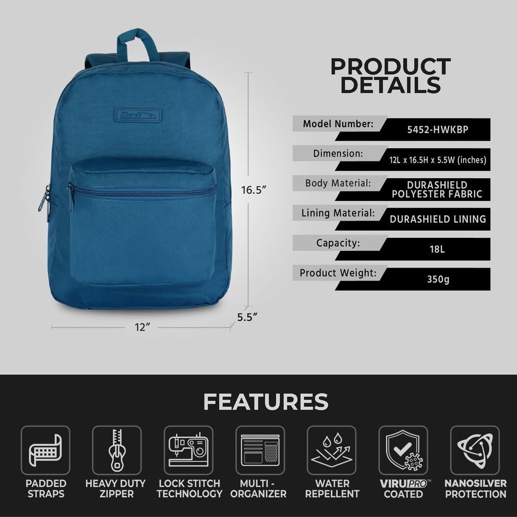 Hawk 5452 Backpack With Virupro Anti-Microbial Protection | Shopee ...