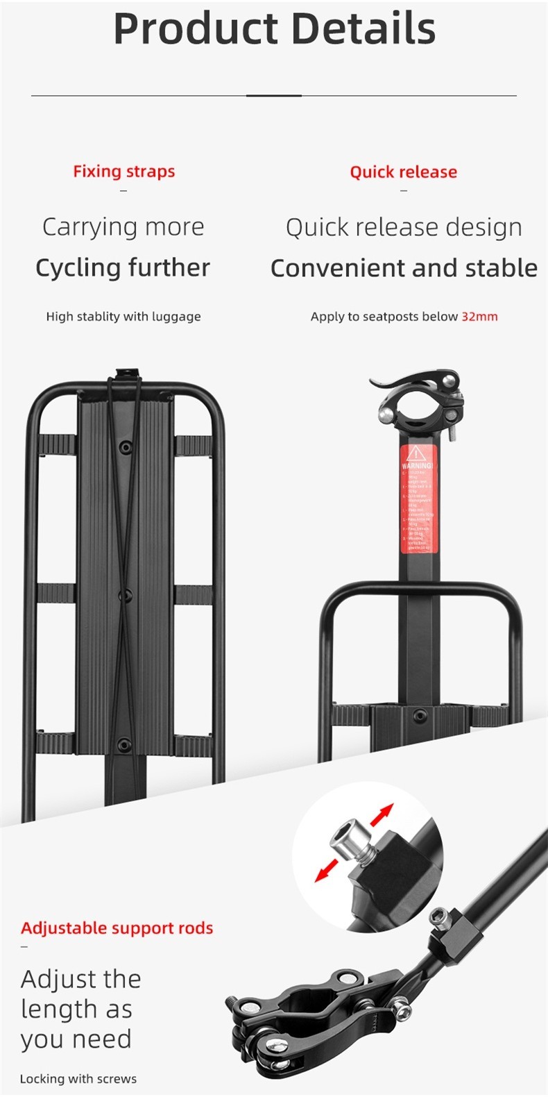 ROCKBROS Bicycle Cargo Rack Rear Bike Pannier Quick Release MTB Road ...