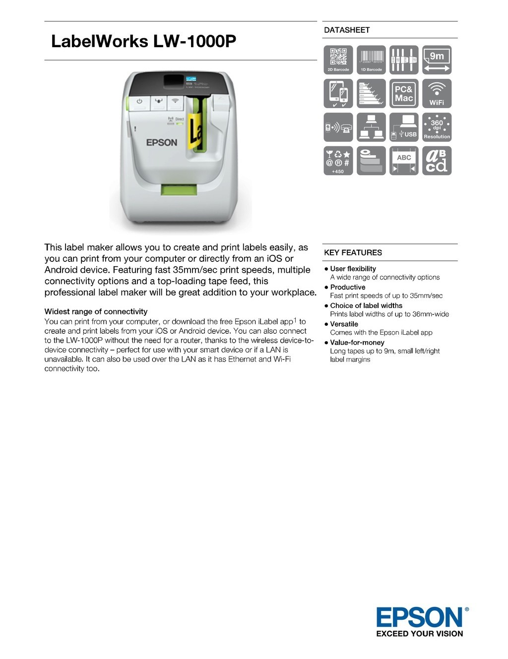 Epson LabelWorks LW-1000P Wi-Fi PC-Connectable Label Printer LW 1000P ...